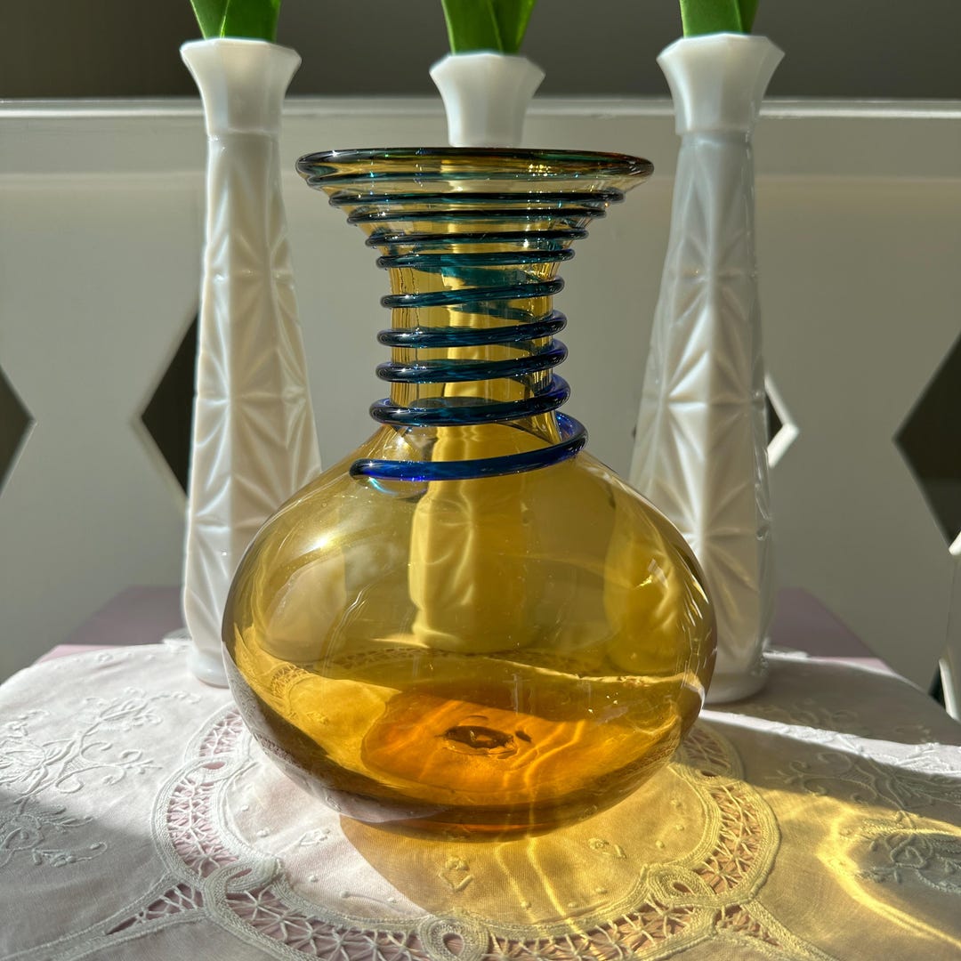 Blenko Handcraft 8318 Topaz Hand Blown Vase With Cobalt Blue Glass ...