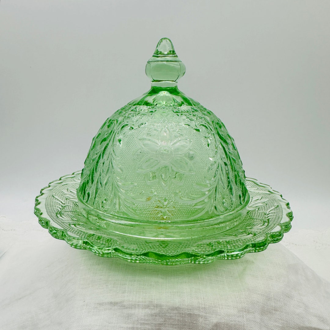 Green Glass Butter Dish Tiara Chantilly Green Butter Dish With Domed ...