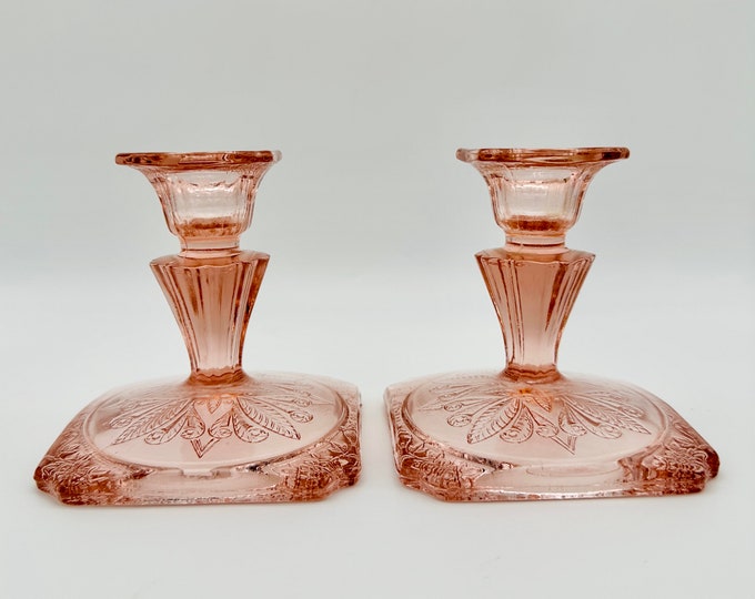 Adam Pink Depression Glass, Taper Candleholders, Jeanette Glass Adam ...