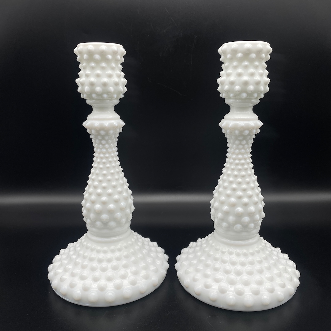 Pair of Fenton Hobnail White Milk Glass Tall Taper Candleholders ...