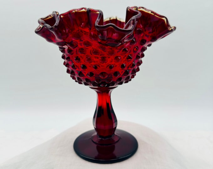 Fenton Ruby Red Hobnail Ruffled Rim Candy Compote Dish Red Amberina ...