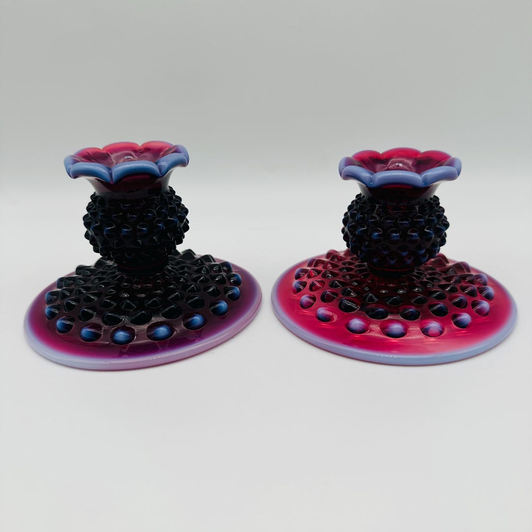 Pair of Fenton Plum Opalescent Hobnail Low Taper Candleholders Purple ...