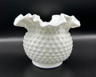 Fenton White Hobnail Milk Glass, Ruffled Edge, Large Ball Vase, Squat ...