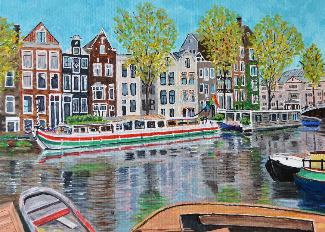 Amsterdam House Boats at Amstel River - a Print of an Original Acrylic ...