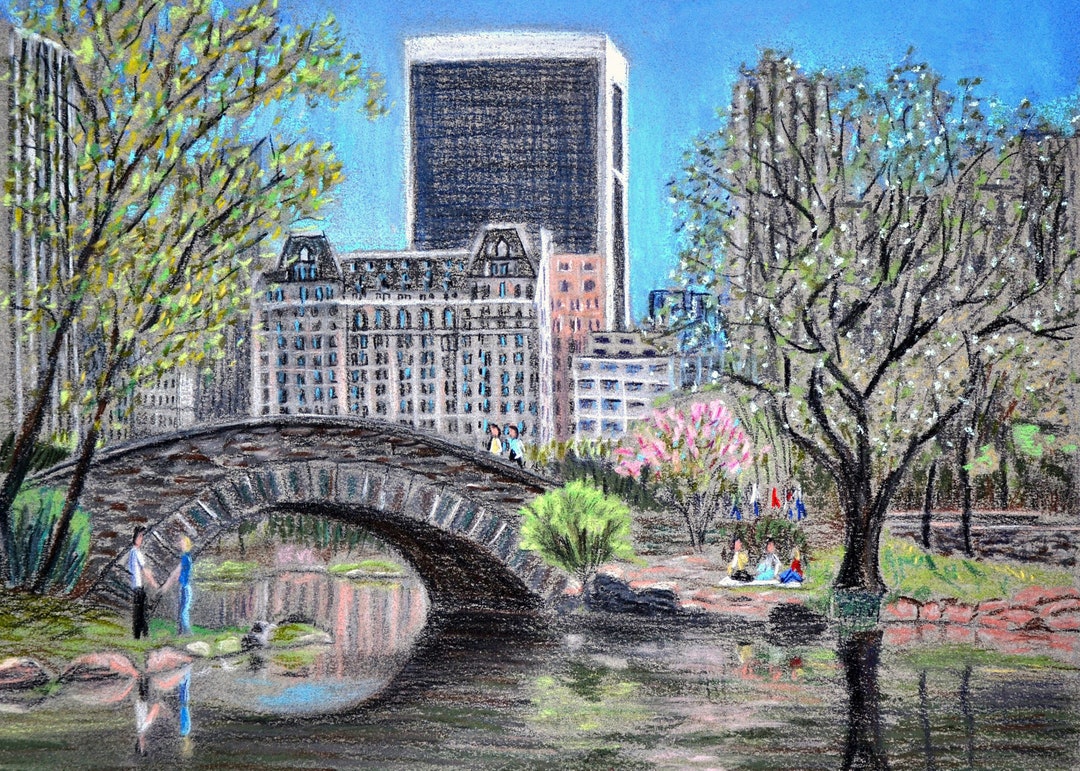 Central Park Art Print: Plaza Hotel & Pond Pastel Drawing - Etsy