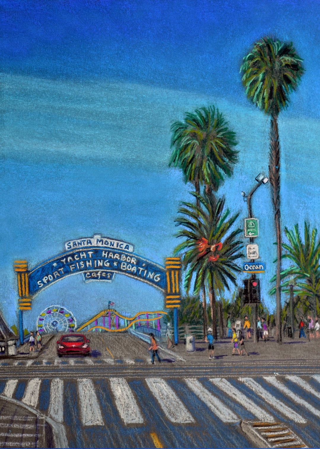 Santa Monica Pier Entrance, a Print of an Original Pastel Drawing by ...