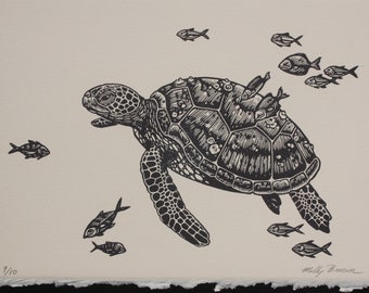 Turtle linocut print | Etsy