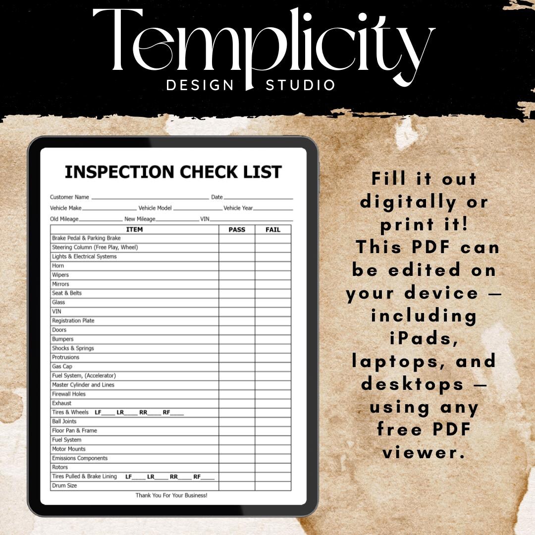 Vehicle Inspection Checklist PDF: Editable Mechanic Shop Form ...