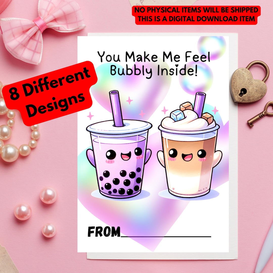 Boba Inspired Valentine Card, Cute Boba Valentine, Boba & Hearts ...