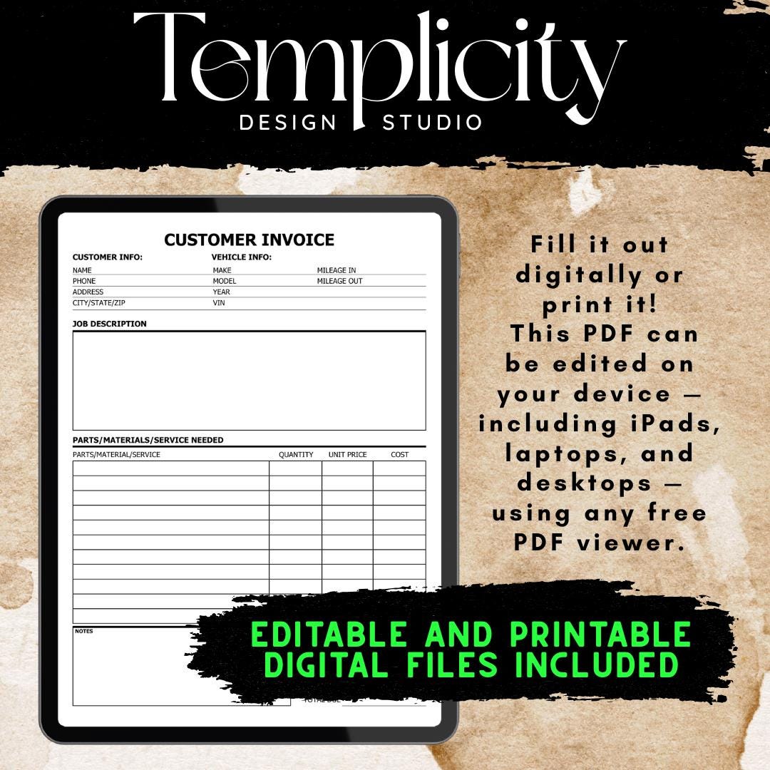 Editable Auto Repair Invoice Template: Printable Mechanic Receipt (PDF ...