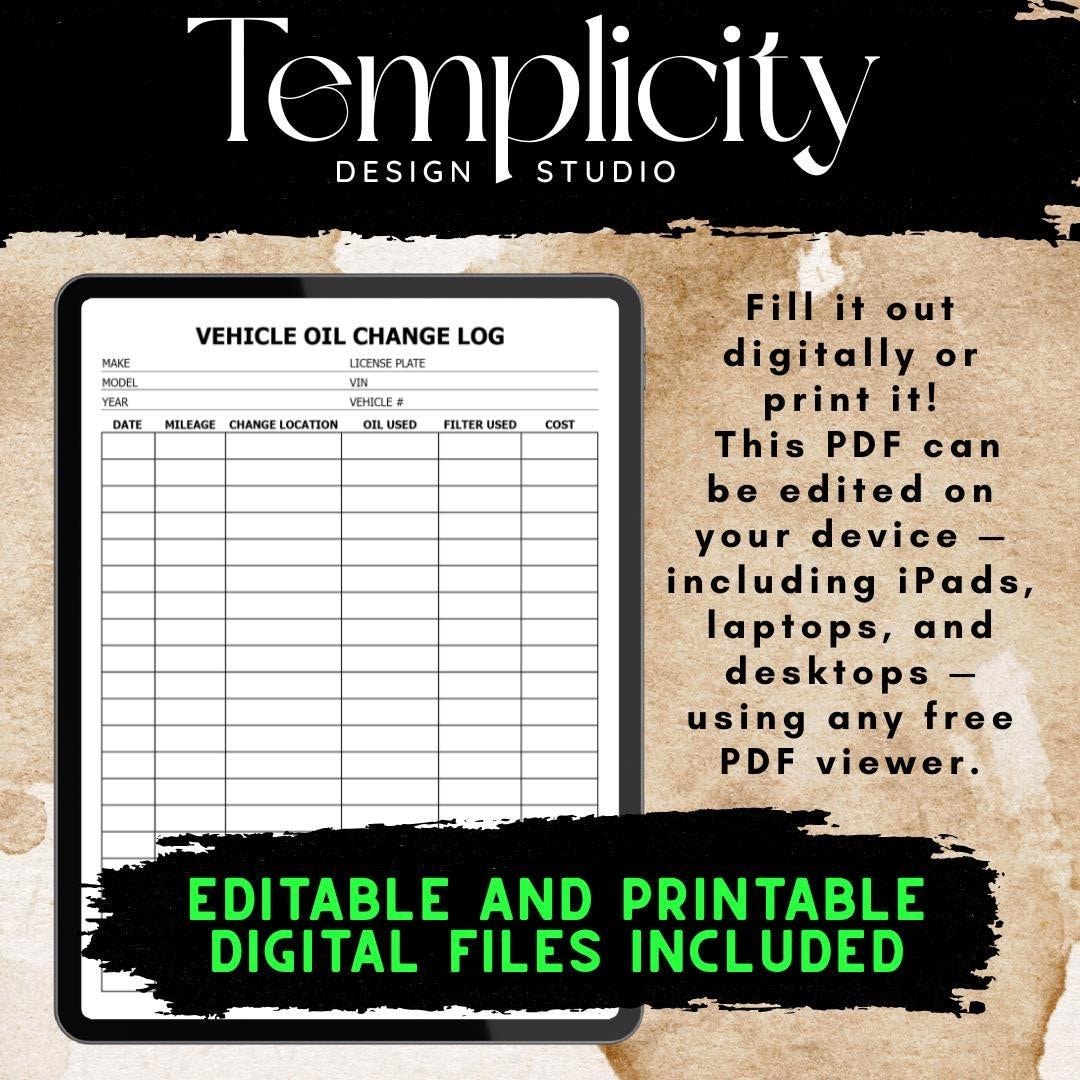 Vehicle Oil Change Log PDF | Editable Car Maintenance Tracker ...