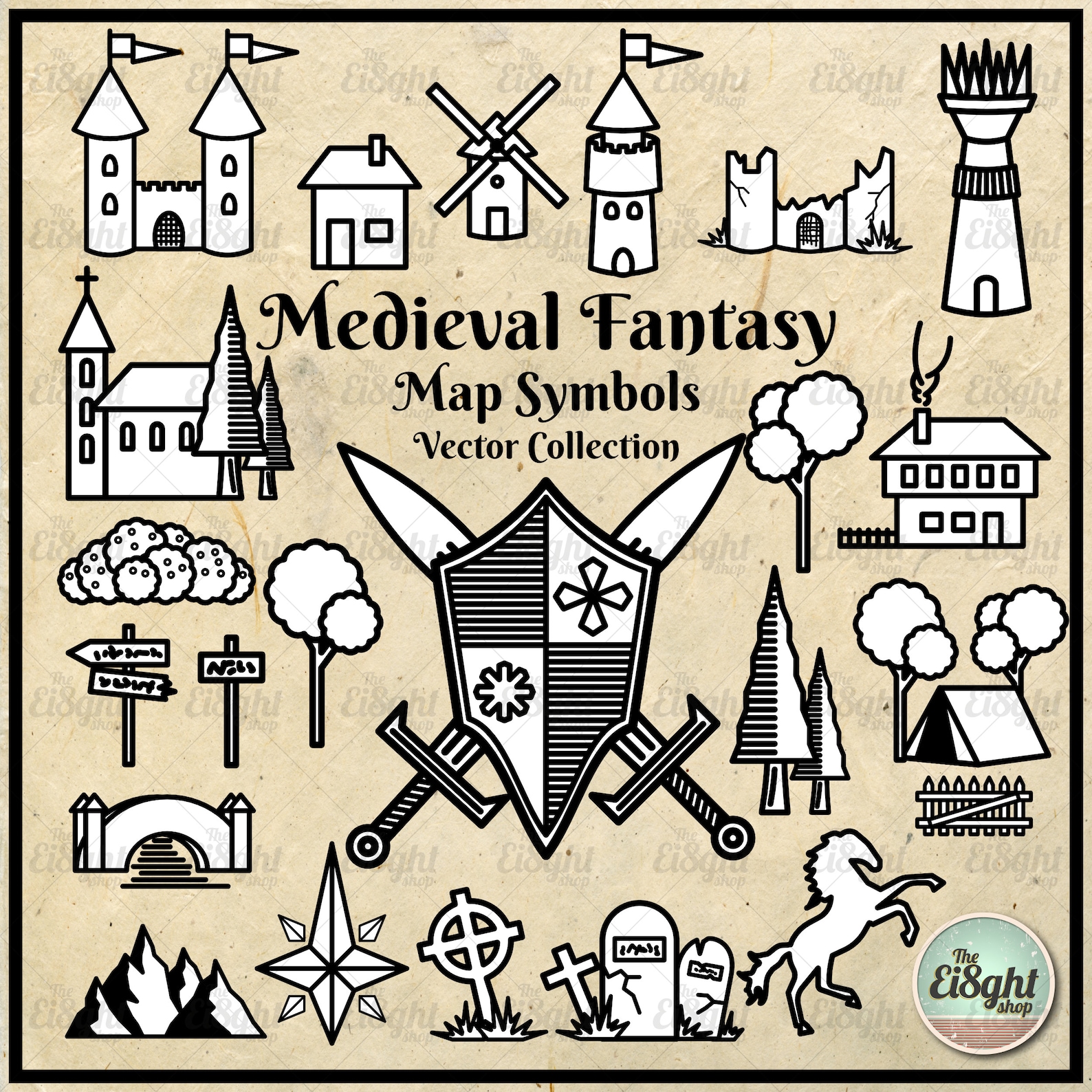 Cartography Fantasy Map Symbols! Vector Files! Fully Editable! (EPS ...