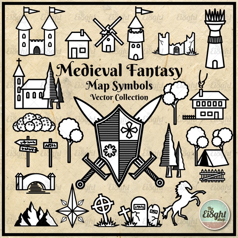 Cartography Fantasy Map Symbols! Vector Files! Fully Editable! (EPS ...