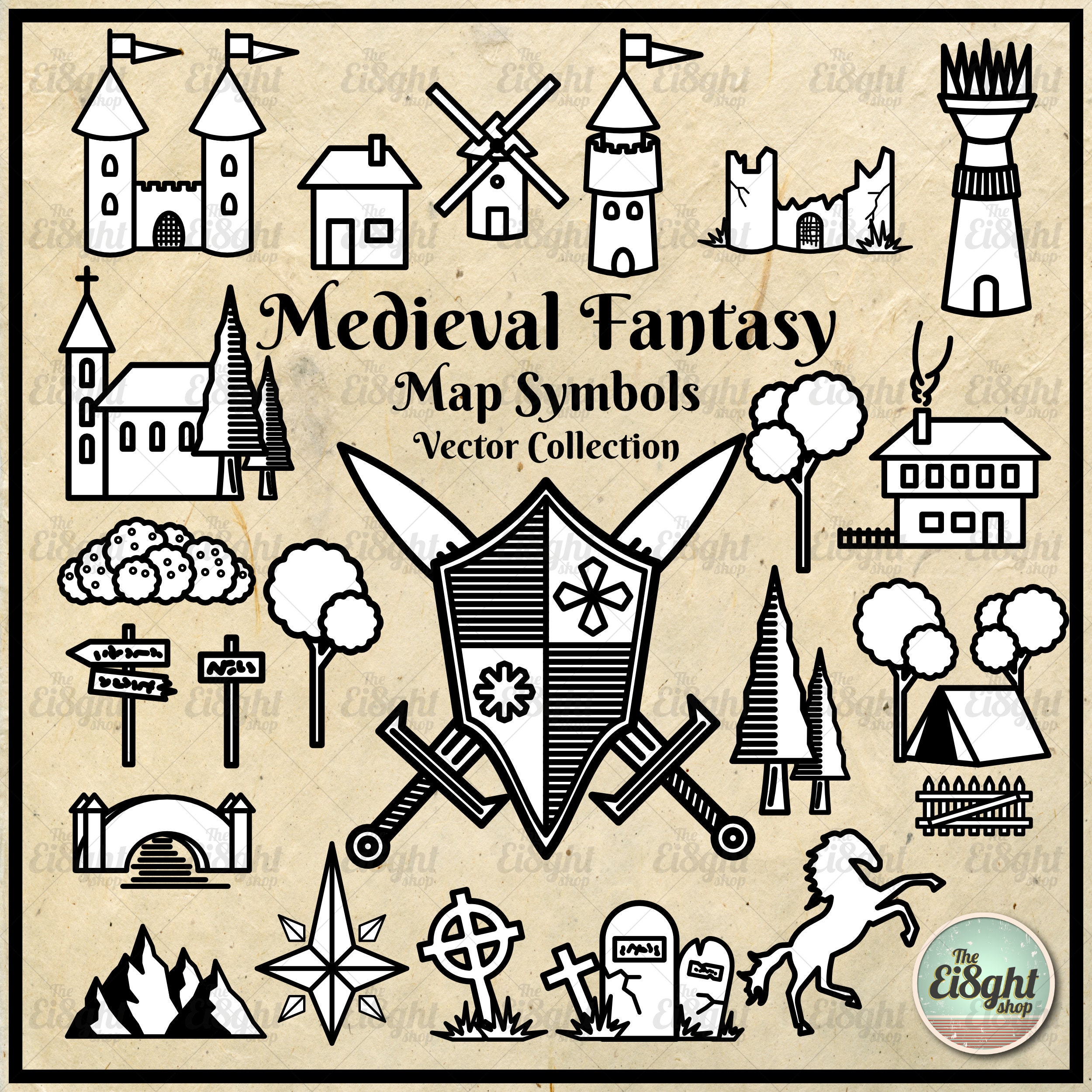 Cartography Fantasy Map Symbols! Vector Files! Fully Editable! (EPS ...