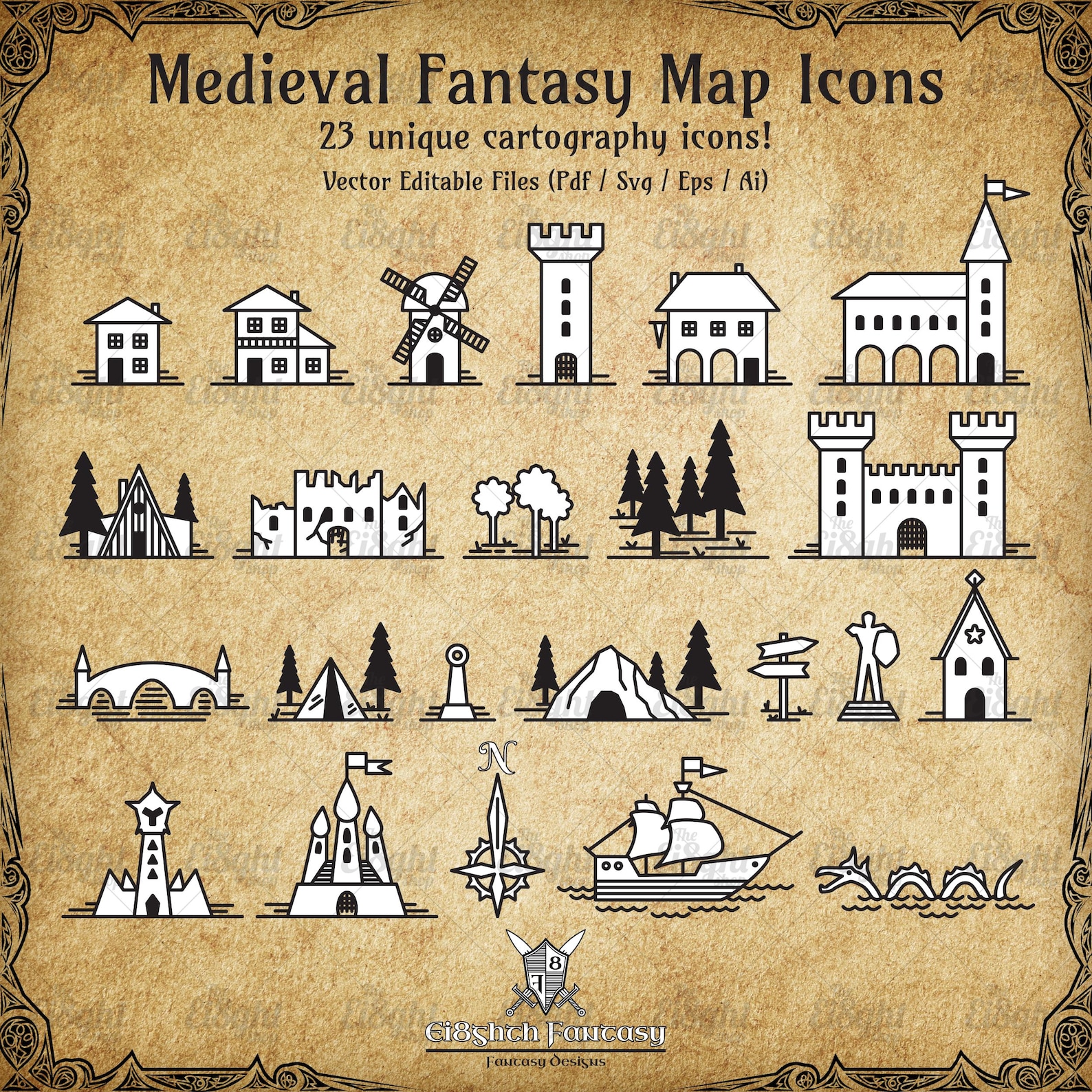 Fantasy Medieval Map Vector Icons for Cartography! - Pdf / Svg / Eps ...