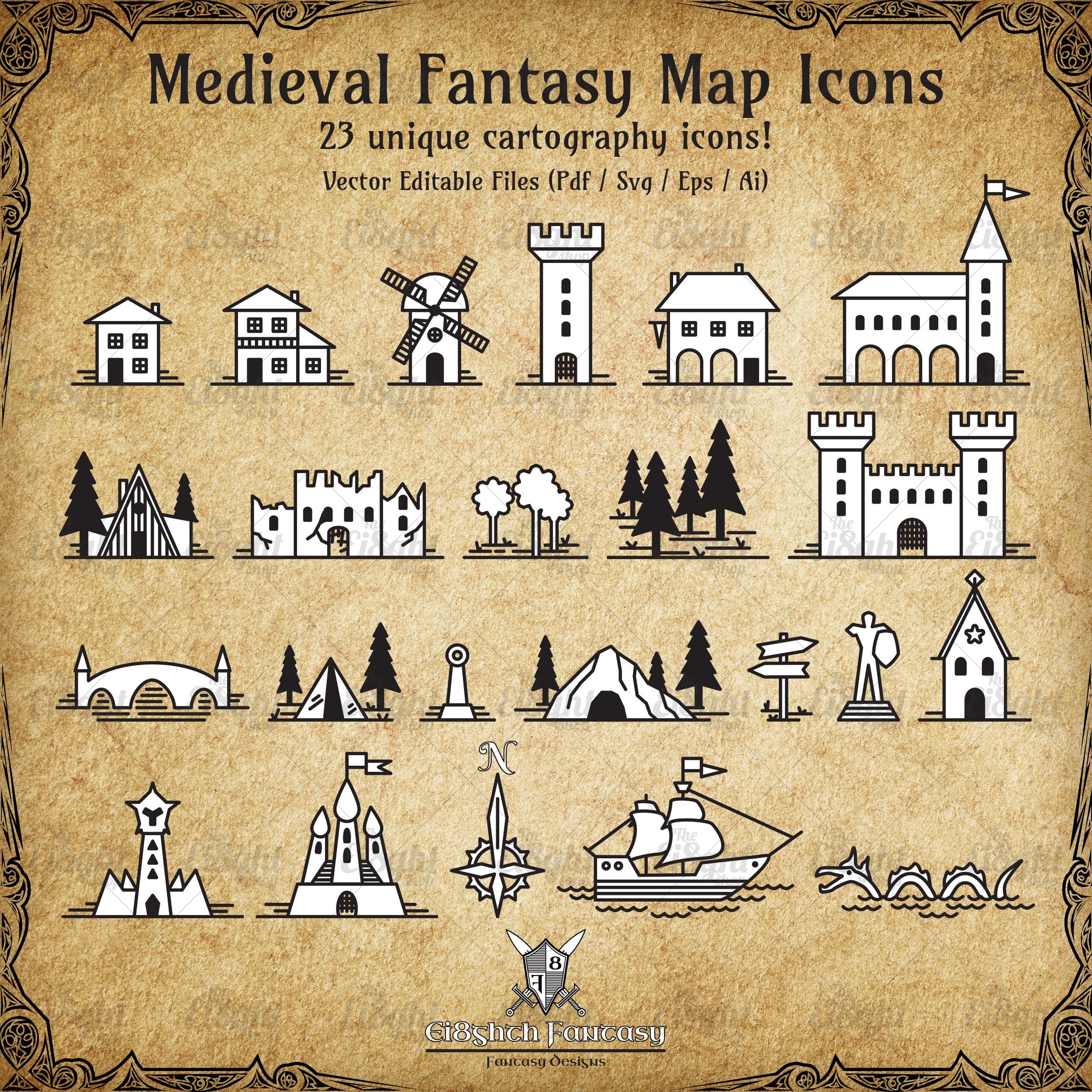 Fantasy Medieval Map Vector Icons for Cartography! - Pdf / Svg / Eps ...