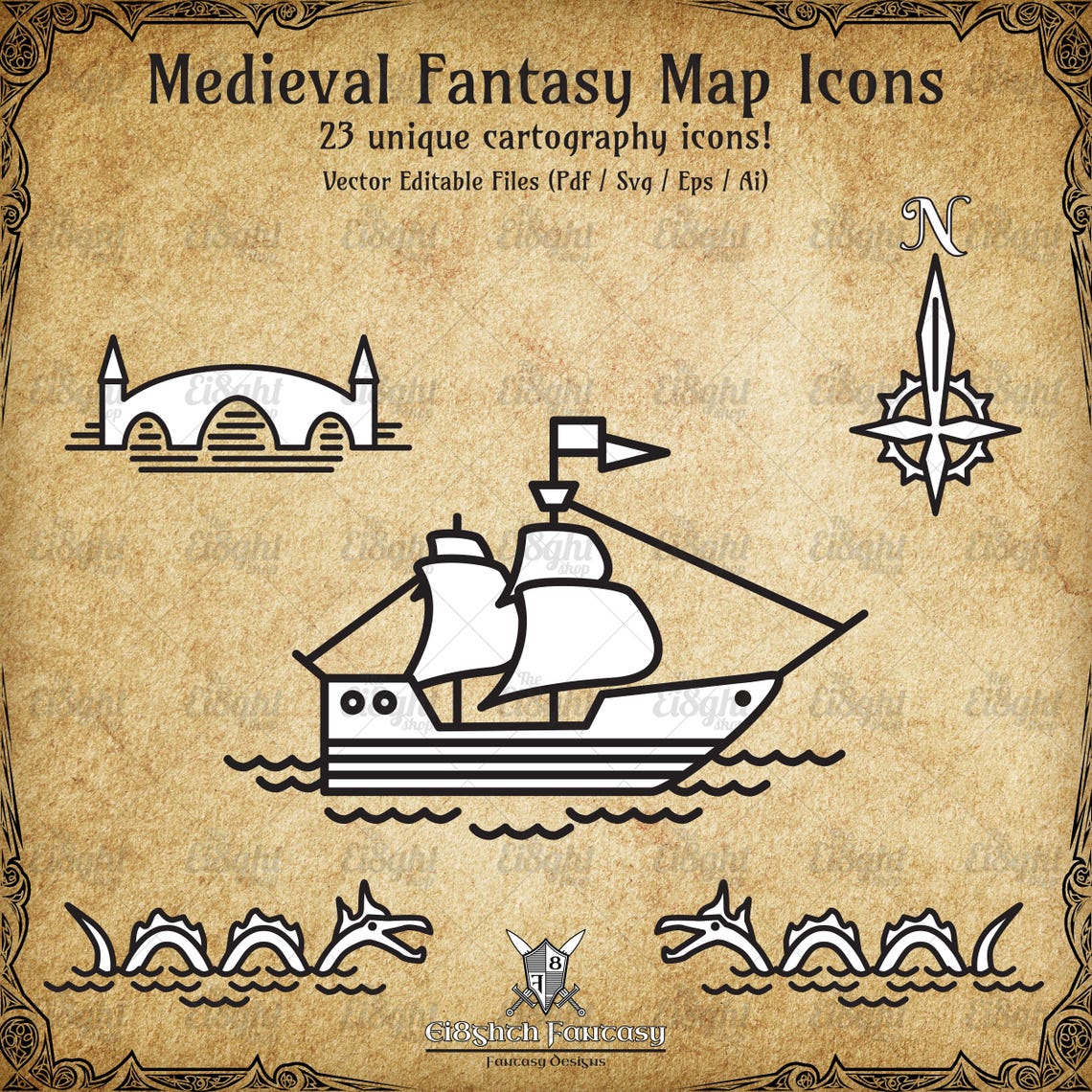 Fantasy Medieval Map Vector Icons for Cartography! - Pdf / Svg / Eps ...
