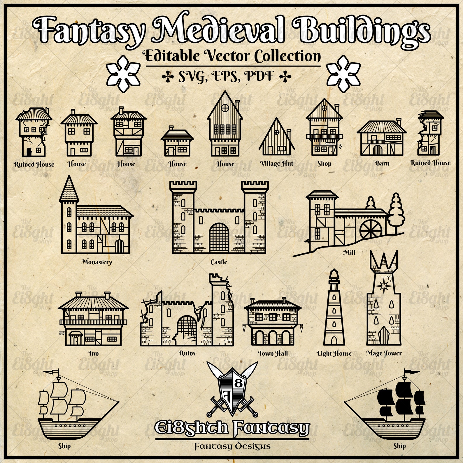 Fantasy Medieval Buildings Collection svg, PDF and EPS Files Editable ...