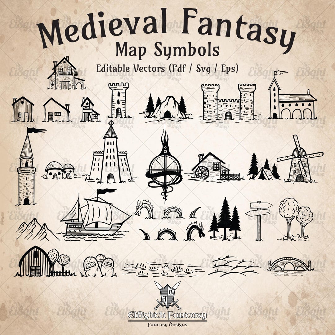Fantasy Medieval Map Icons Collection - Editable Vector Icons - Pdf ...