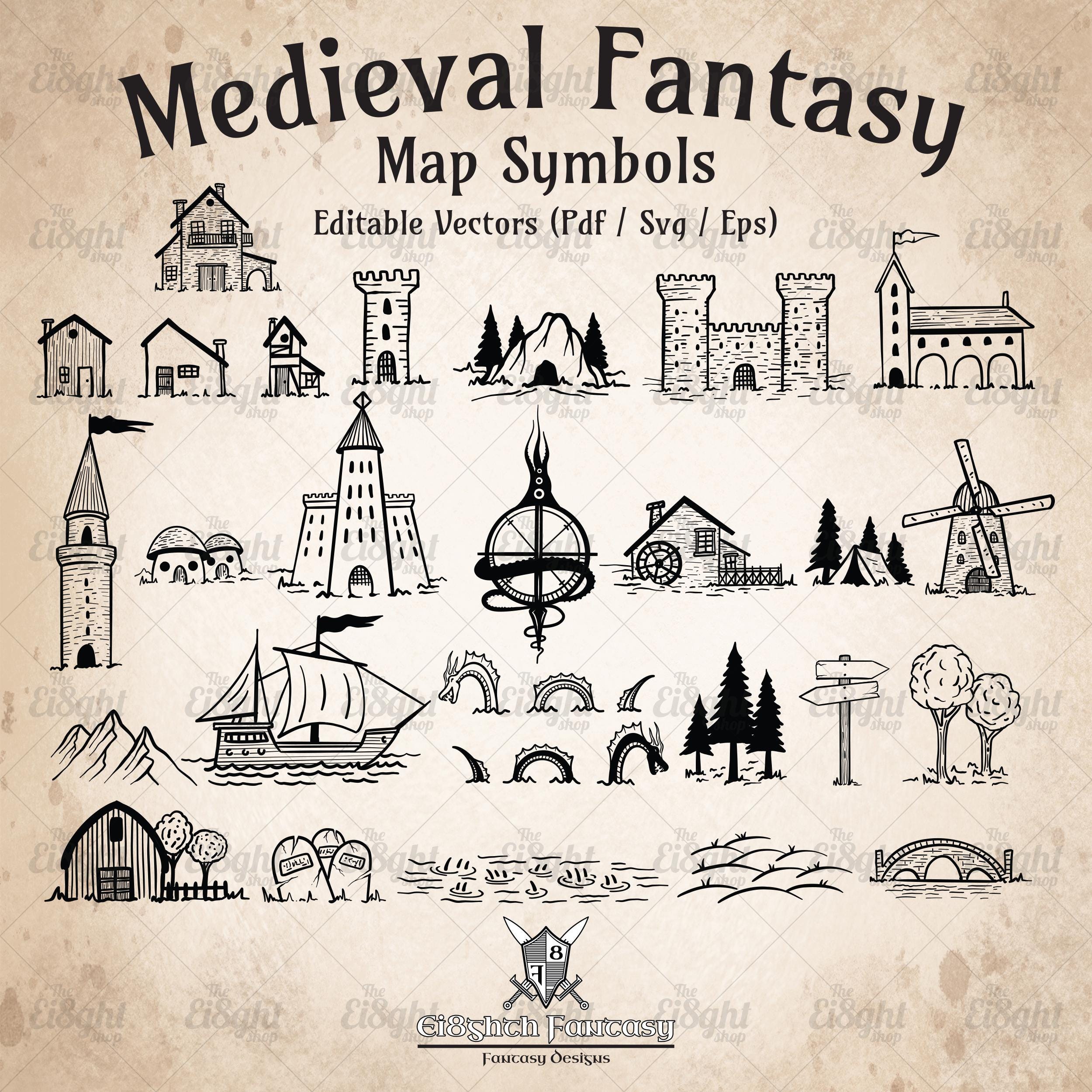 Fantasy Medieval Map Icons Collection - Editable Vector Icons - Pdf ...