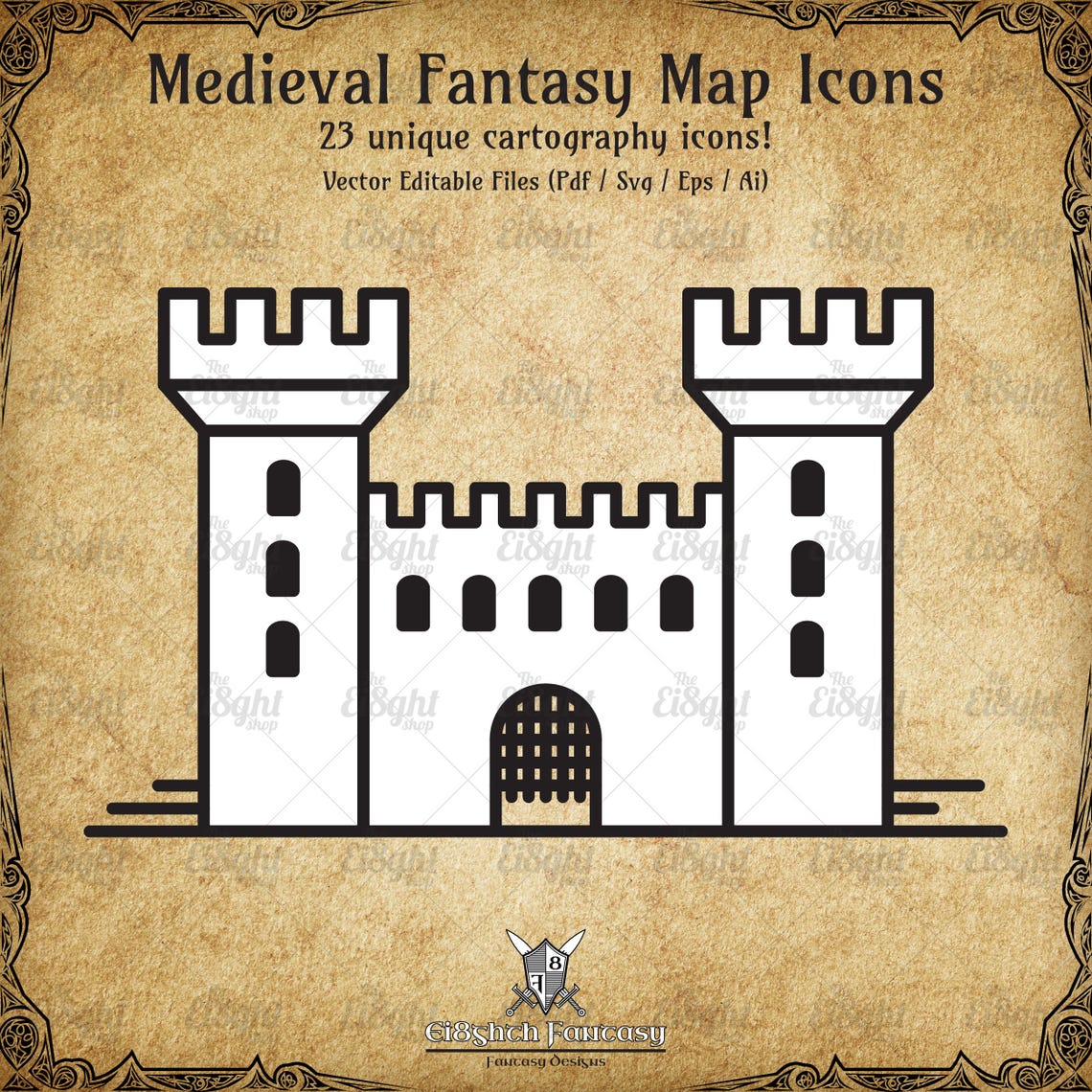 Fantasy Medieval Map Vector Icons for Cartography! - Pdf / Svg / Eps ...