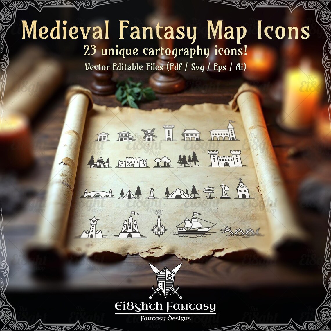 Fantasy Medieval Map Vector Icons for Cartography! - Pdf / Svg / Eps ...