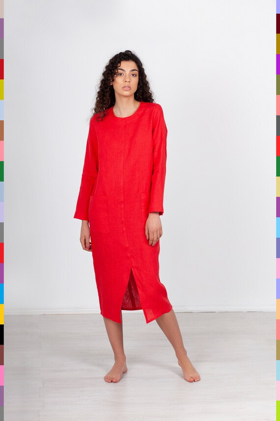 Red Linen Dress. Midi Flax Dress. Linen Tunic. Front Zipper | Etsy