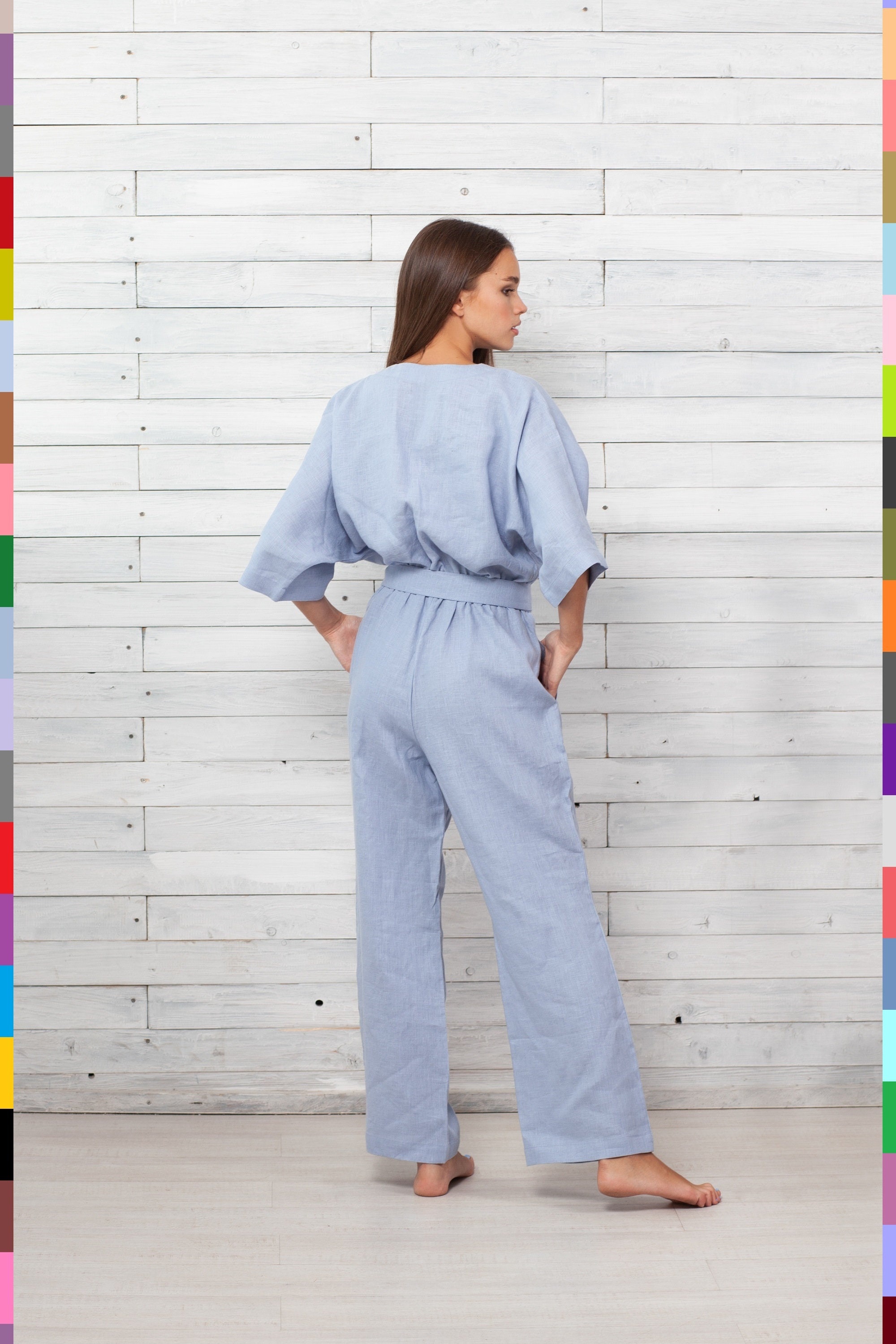 Wrap Linen Jumpsuit. Blue Flax Romper. Linen Jumper. Romper | Etsy