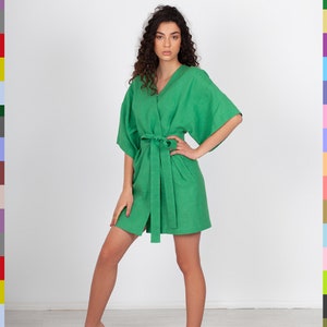 Green Linen Robe. Flax Kimono. Linen Loungewear. Bathrobe Homewear ...