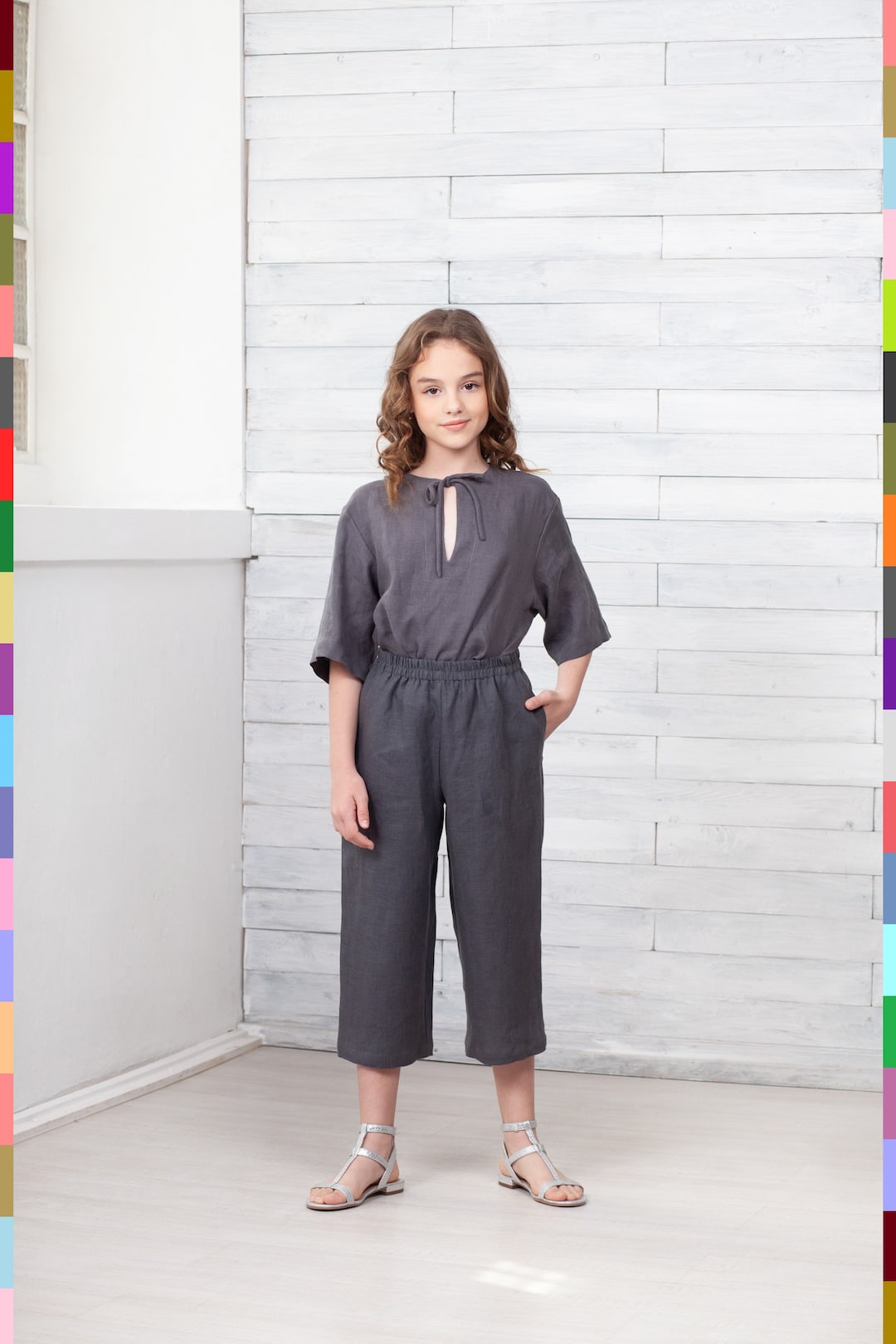 Grey Kids Capris. Simple Girls Capris. Teen Flax Pants. Kids Culotte ...