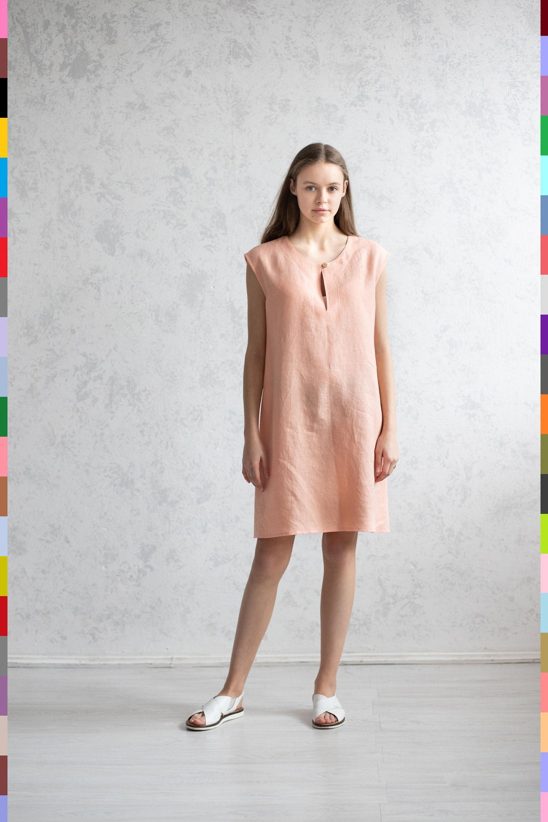 Pink Linen Dress. Midi Flax Dress. Smock Linen Dress. Sleeveless Dress ...