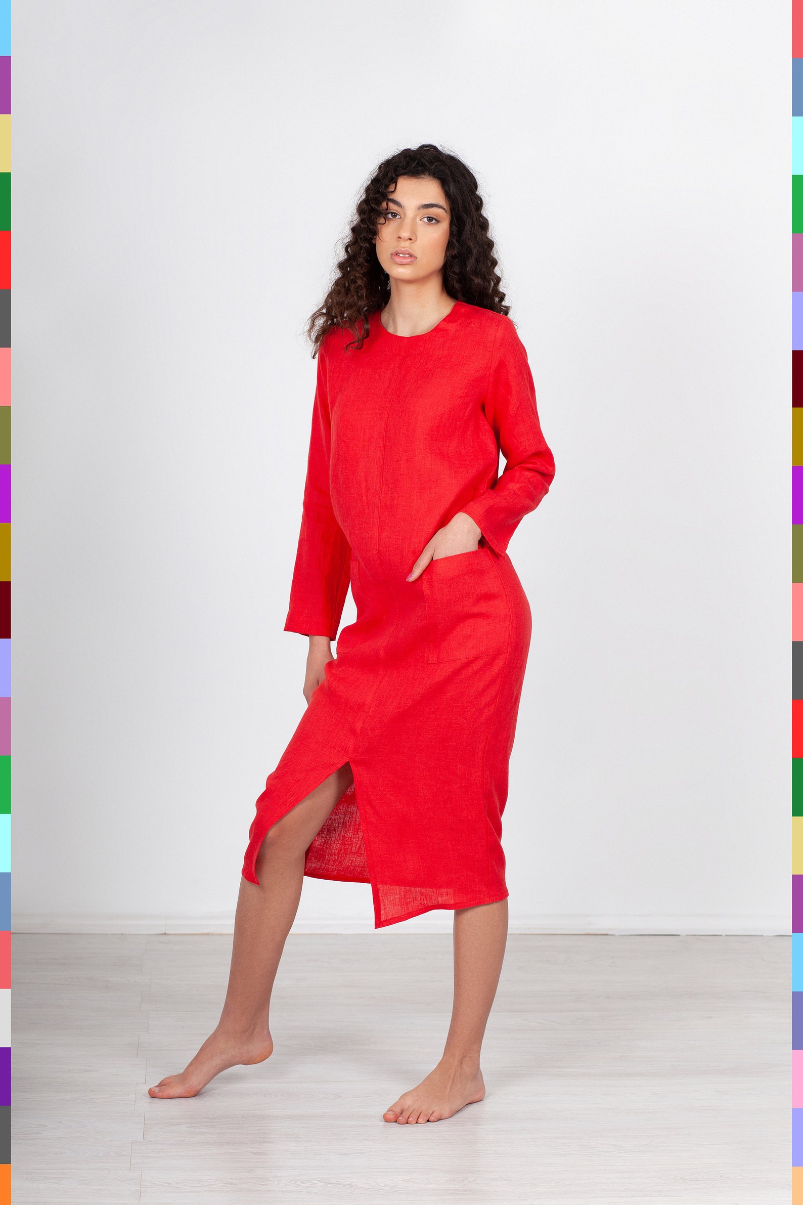 Red Linen Dress. Midi Flax Dress. Linen Tunic. Front Zipper - Etsy