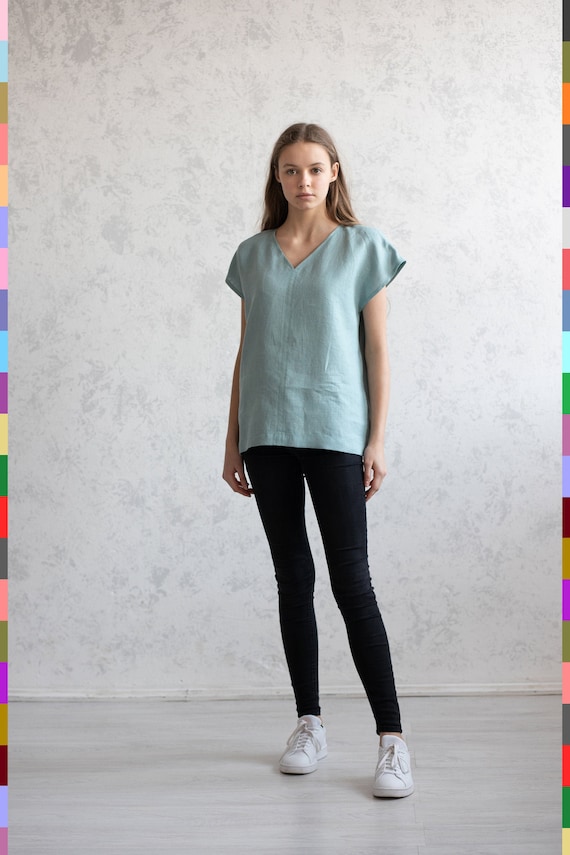 Linen V-neck Top. Blue Linen Tops. Boxy Linen Top. Linen | Etsy