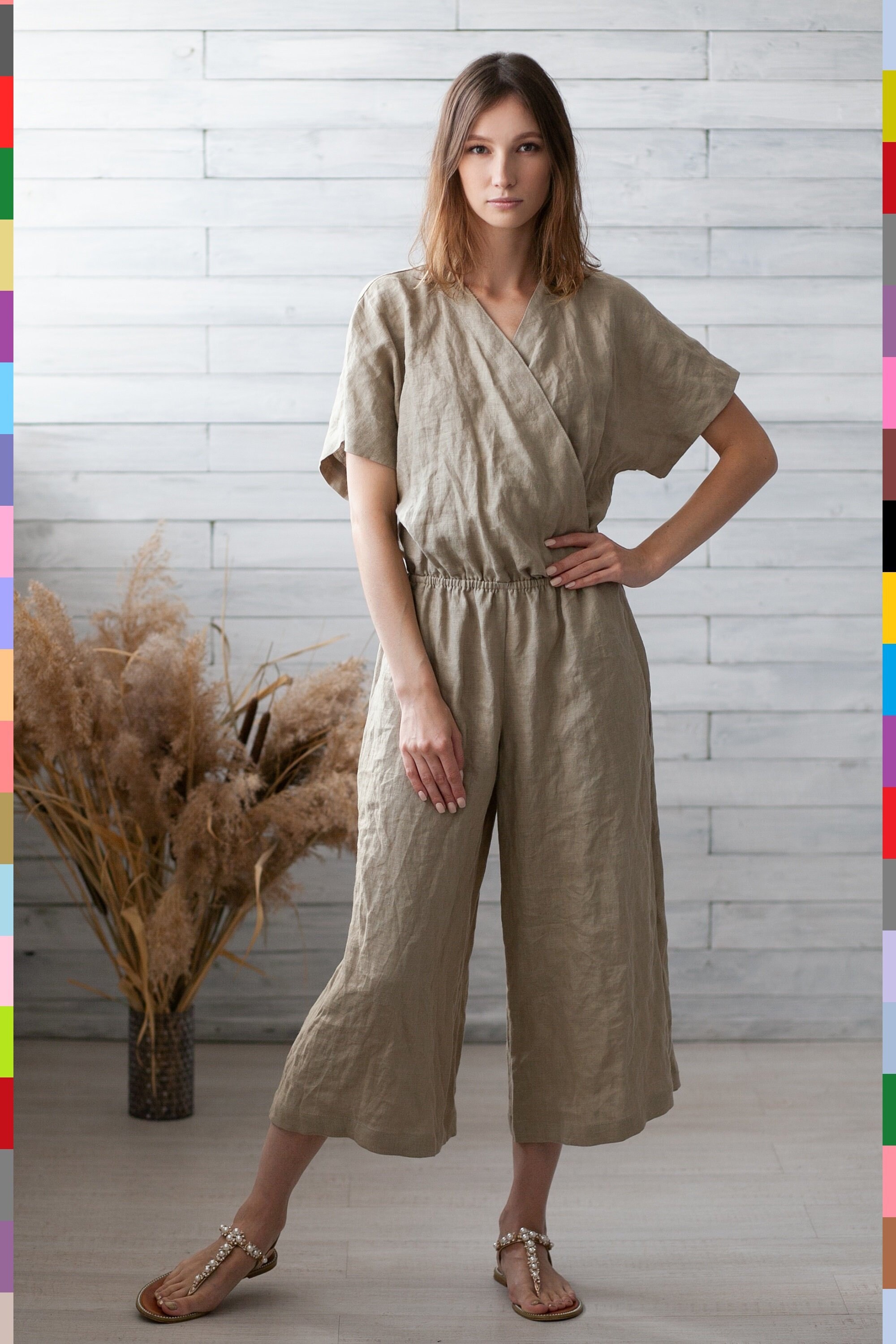 Cropped Linen Jumpsuit. Women Overalls. Modern Linen Look. Wide Leg ...
