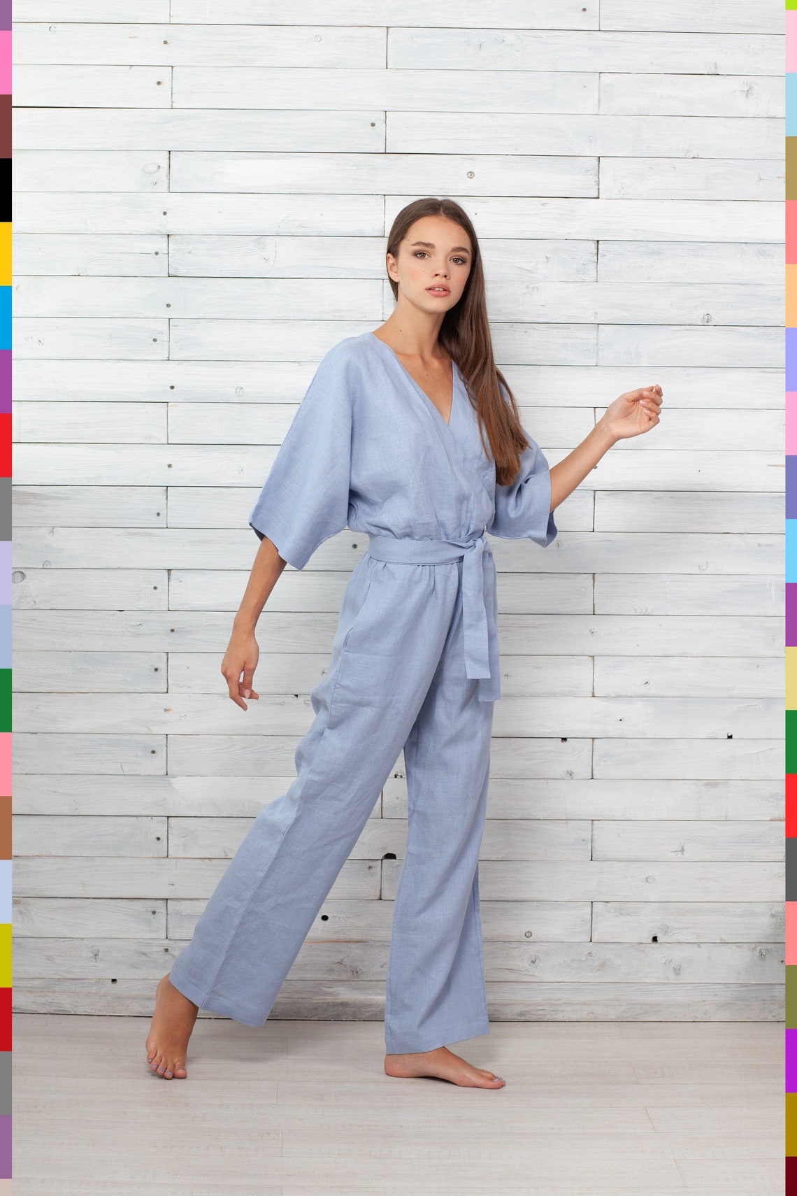Wrap Linen Jumpsuit. Blue Flax Romper. Linen Jumper. Romper | Etsy