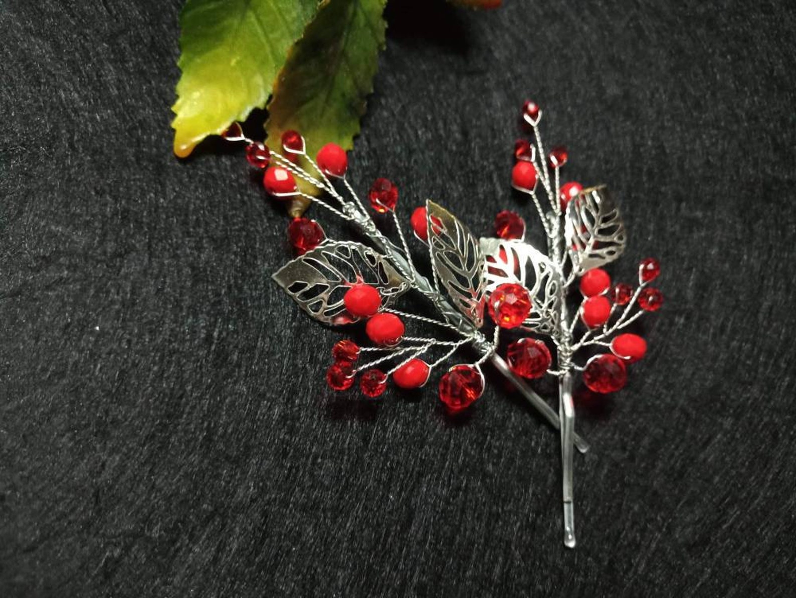 Red bobby pins wedding bobby pins crystal hair pins leaf hair | Etsy