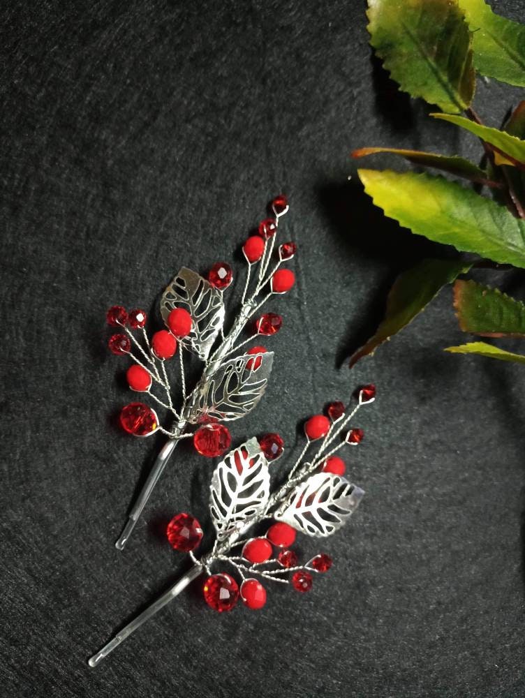 Red bobby pins wedding bobby pins crystal hair pins leaf hair | Etsy