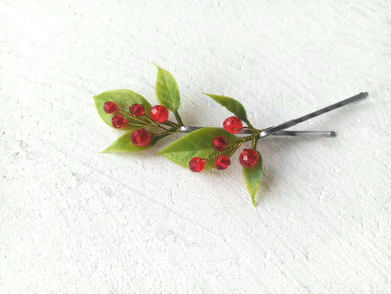 Red Hair Pin Floral Hair Pin Leaf Hair Pin Boho Headpiece | Etsy