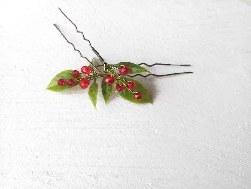 Red Hair Pin Floral Hair Pin Leaf Hair Pin Boho Headpiece | Etsy