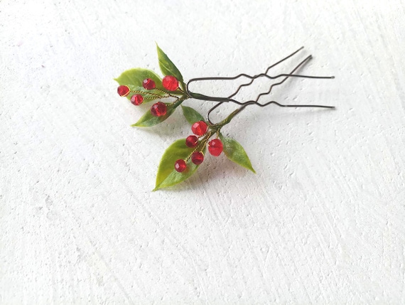 Red Hair Pin Floral Hair Pin Leaf Hair Pin Boho Headpiece | Etsy