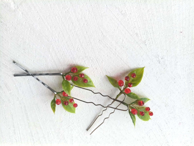 Red Hair Pin Floral Hair Pin Leaf Hair Pin Boho Headpiece | Etsy