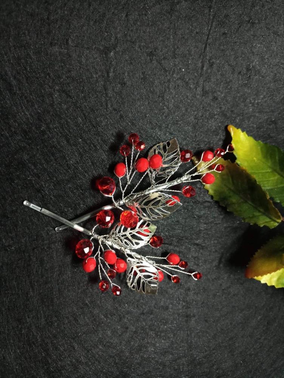 Red bobby pins wedding bobby pins crystal hair pins leaf hair | Etsy