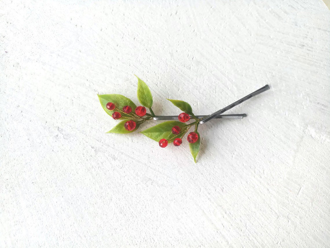 Red Hair Pin Floral Hair Pin Leaf Hair Pin Boho Headpiece | Etsy