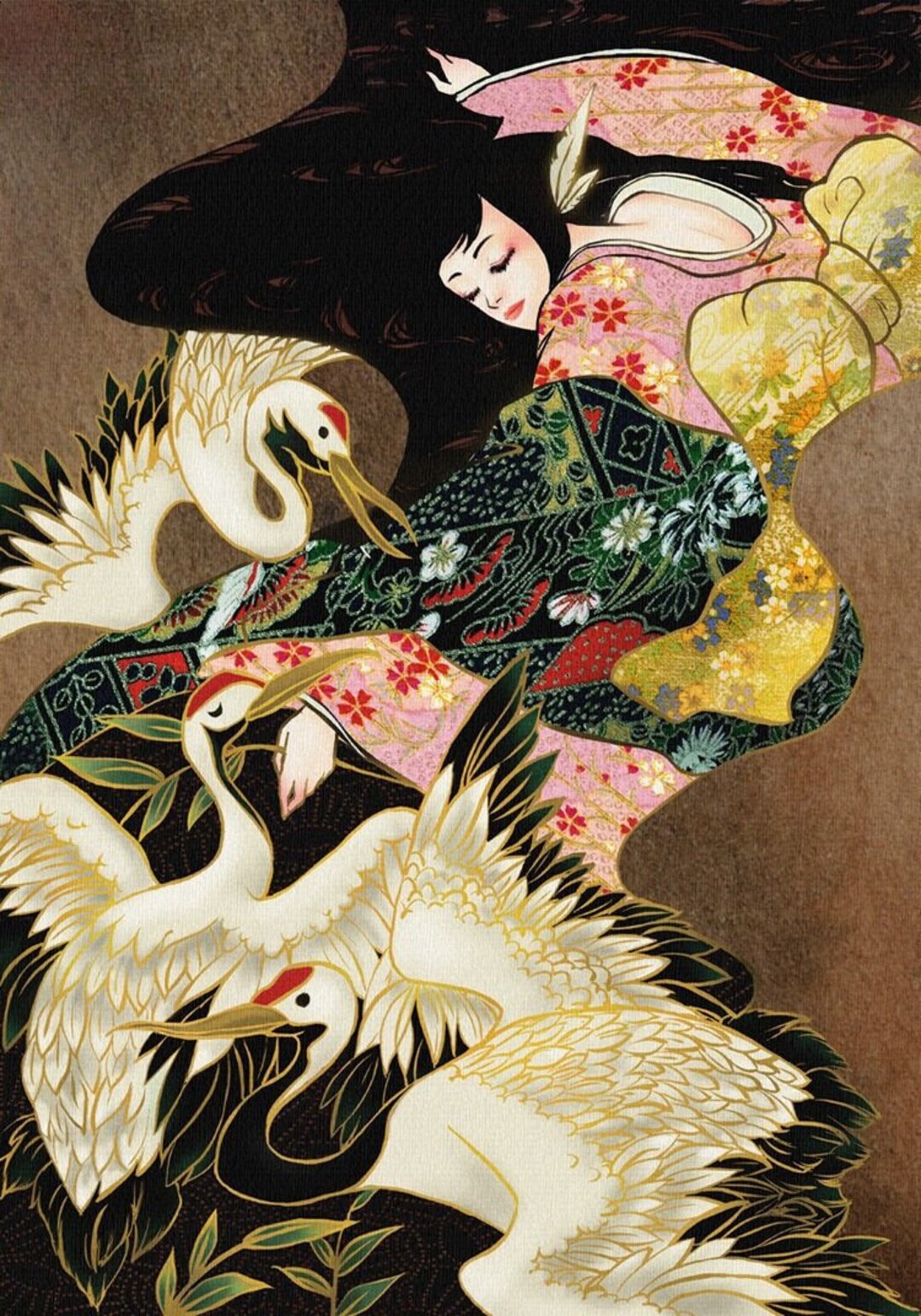 Floating Dreams A3 Print Kimono Japanese Crane Elf Transformation ...