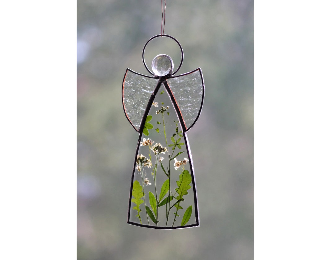 Stained Glass Angel, Real Dried Plants in Glass, Dried Field Flowers ...