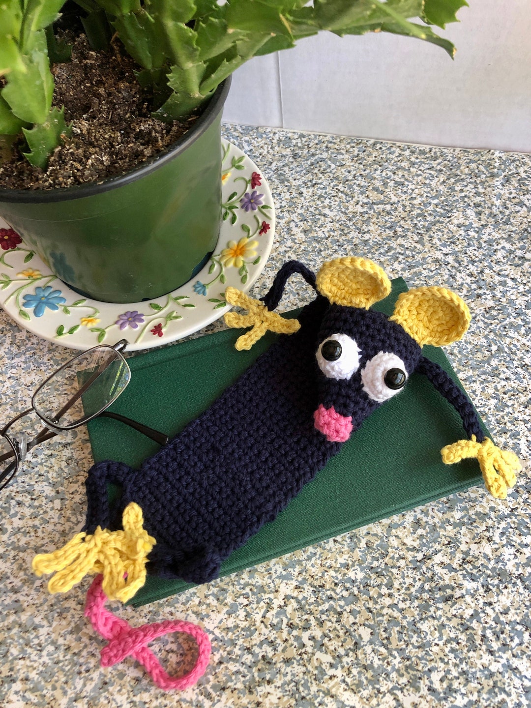 Rat Bookmark in Cotton Yarn, Honeycomb Yellow and Indigo Blue, Rat ...