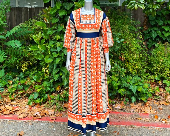 1970s Jane Martin Geometric Peasant Style Maxi Dress - Gem
