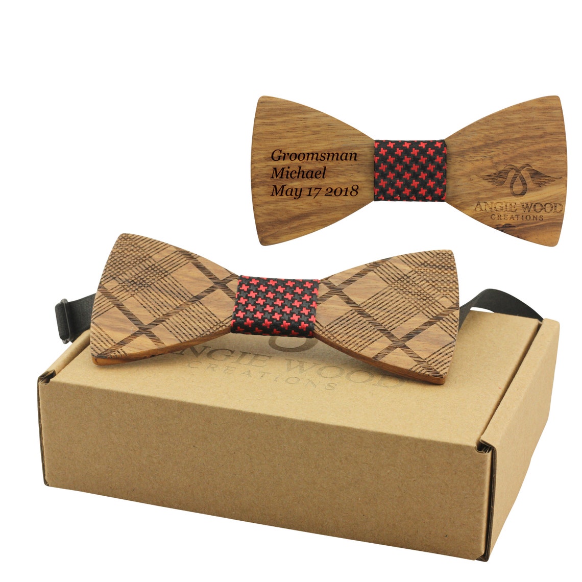 Engraved Diagonal Plaid Zebrawood Bow Tie With Red Houndsfoot Woven ...