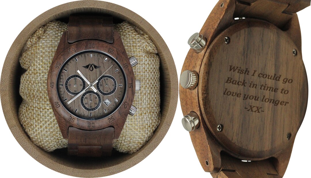 Engraved Walnut Wood Men’s Watch With Walnut Wood Dial and Bracelet ...
