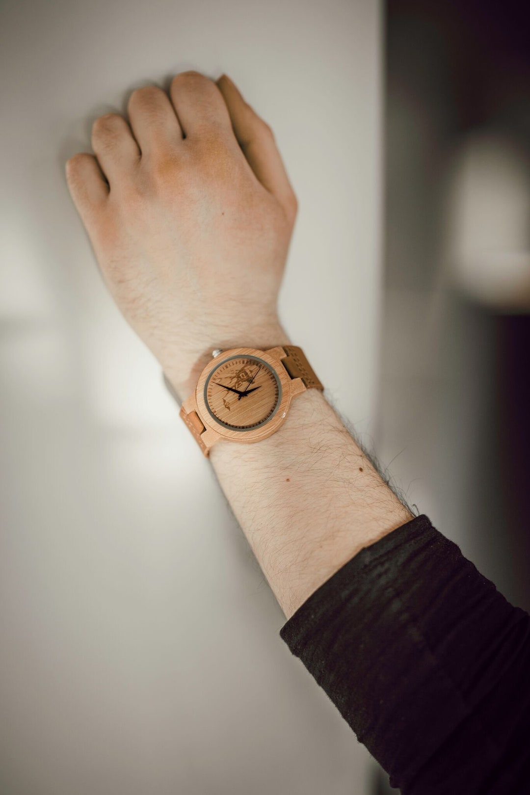 Engraved Bamboo Men’s Watch With Deer Engraving and Leather Strap, Wood ...